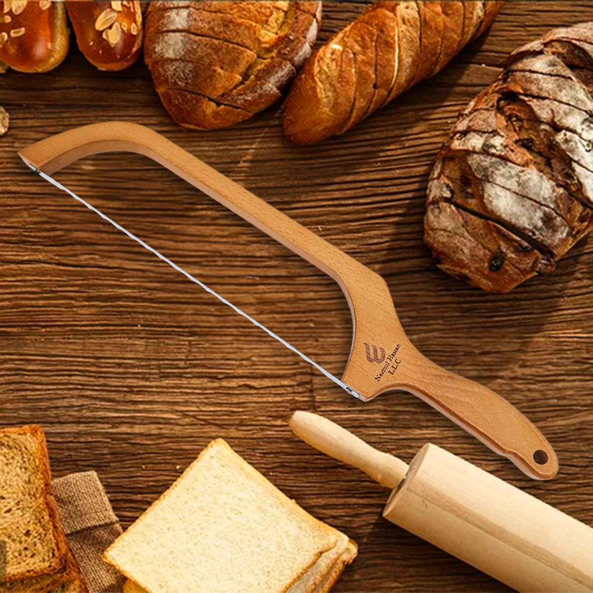 Nazmul Hassan LLC Wooden Bread Bow Slicer, Knife for Homemade Bread Stainless Steer 15.7-inch Bread Cutter Easy Grip Handle Cutter Tool with Wooden Handle for Kitchen Gift Kitchen Knife, Medium