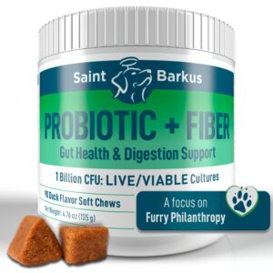 saint barkus probiotic + fiber regularity & digestive health. probiotic supplements for dogs for gut health, regularity, upset stomach and allergies. give back to no-kill shelters! 90 count