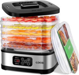 gdor food dehydrator machine with adjustable temperature & 72h timer, 5-tray dehydrators for food and jerky, fruit, dog treats, herbs, snacks, led display, 240w electric food dryer with recipe book