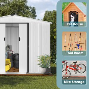 CrownLand Outdoor Vented Backyard Garden Storage Shed 6X8 Feet Tool House with Sliding Door Outdoor Lawn Steel Roof Sheds (White)