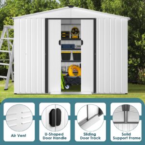 CrownLand Outdoor Vented Backyard Garden Storage Shed 6X8 Feet Tool House with Sliding Door Outdoor Lawn Steel Roof Sheds (White)