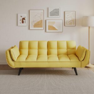 majnesvon velvet futon sofa couch bed with 2 pillows, convertible folding futon couch with adjustable backrest, love seat sleeper sofa bed for small spaces, living room, office, apartment (yellow)