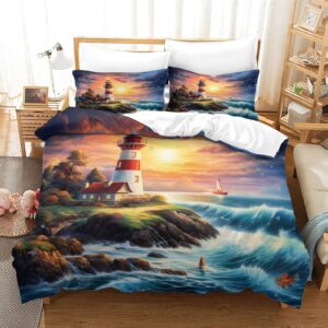 SorEci Coastal Lighthouses Duvet Cover 3D Art Styles Printed Bedding Set Comforter Cover with Zipper Closure for Kids Teens Adults (2 Pillow Shams,1 Duvet Cover) Queen（228x228cm）