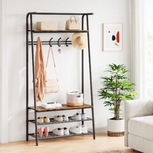 coat rack shoe bench with 5 hooks, entryway hall trees with storage, multifunctional hallway organizer, wood look accent furniture with metal frame, 4-in-1 hall trees shoe bench (5 hooks-31.5 in)