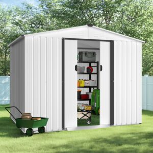 crownland outdoor vented backyard garden storage shed 6x8 feet tool house with sliding door outdoor lawn steel roof sheds (white)