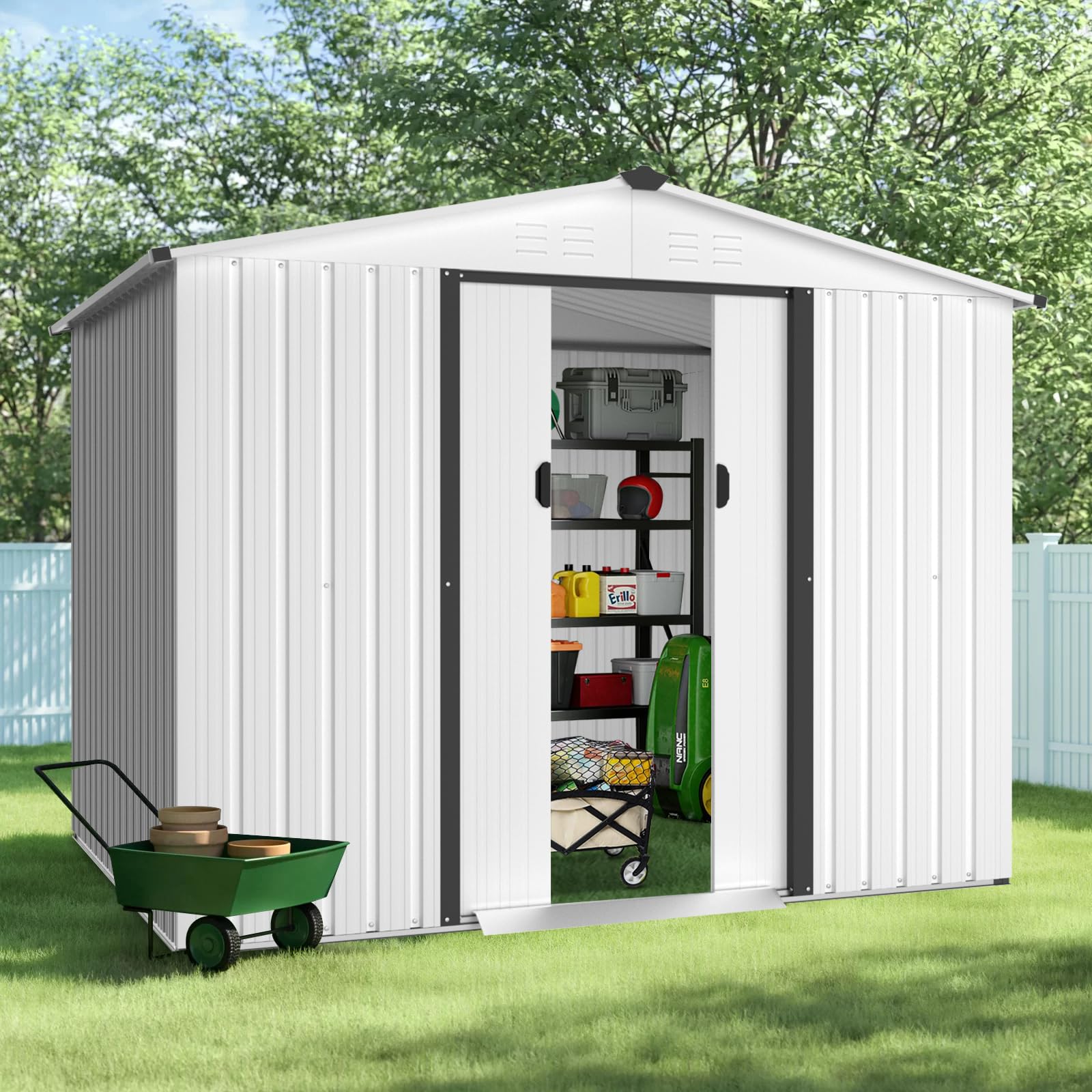 CrownLand Outdoor Vented Backyard Garden Storage Shed 6X8 Feet Tool House with Sliding Door Outdoor Lawn Steel Roof Sheds (White)