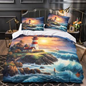 SorEci Coastal Lighthouses Duvet Cover 3D Art Styles Printed Bedding Set Comforter Cover with Zipper Closure for Kids Teens Adults (2 Pillow Shams,1 Duvet Cover) Queen（228x228cm）