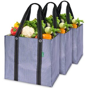 heavy duty reusable grocery bags, foldable grocery reusable bags, 3-pack multipurpose grocery tote bags, x-large reusable grocery bags with handles & hard bottom (10 gallons, blue)