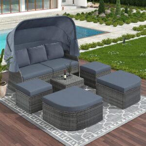 emkk all-weather outdoor round patio daybed conversation sofa set wicker rattan double daybed sunbed with retractable canopy, pillows and removable cushions