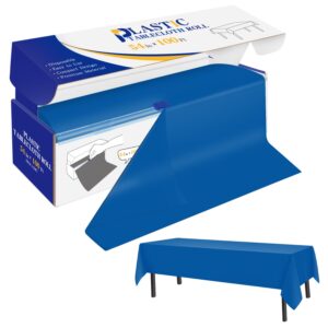 ysyj plastic table cover roll blue disposable table cloth 54 in x 100 ft, plastic table cloths with slide cutter, plastic table cover for parties