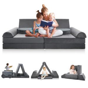 esazn kids couch 10pcs toddler couch kids sofa, modular kids play couch, nugget couch fold out couch convertible sofa multifunctional foam play couch for playroom bedroom, small, grey