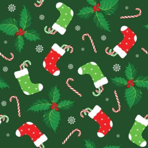 generic 45 x 36 red and green stockings and candy canes on green christmas 100% cotton fabric by the yard