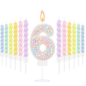 mtlee number 6 birthday candle macaron pastel rainbow unicorn glitter 3d number candle with 12 pcs spiral candles in holders for girl boy cake topper wedding anniversary sweet theme party decoration