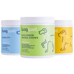 wagwell ahiflower omega oil dog chews, mobility & calming chews bundle - skin, coat, hip and joint supplement for dogs - anxiety relief