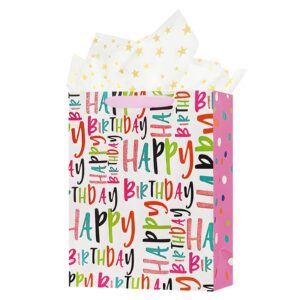 ofihanly 12.5" medium happy birthday gift bag with handles for women,paper gift bags for her,girls kids baby shower pink paper bag with tissue paper,1pcs