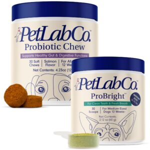 petlab co. – oral hygiene & gut health bundle: dental powder for an effortless clean in 1 scoop for medium sized dogs & probiotics for dogs supporting gut health & seasonal allergies