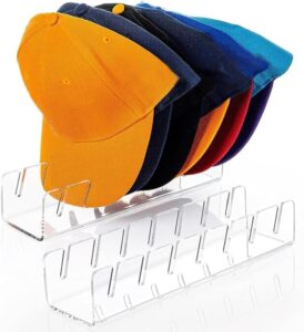 qkewuro 2024 new hat stand for baseball caps display and organizer , no install acrylic hat holder for 14 baseball caps for bedroom, closet, dresser (2pcs)