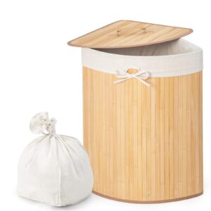 giantex corner laundry hamper with lid, 58 l bamboo laundry basket with removable liner & handle, triangle clothes hamper for small spaces, bedroom, bathroom, laundry & living room (natural)