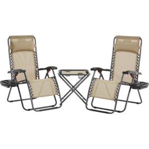 yaheetech 3pcs zero gravity recliner portable outdoor reclining chair set w/side table folding chaise lounge chairs for patio beach deck garden pool beige