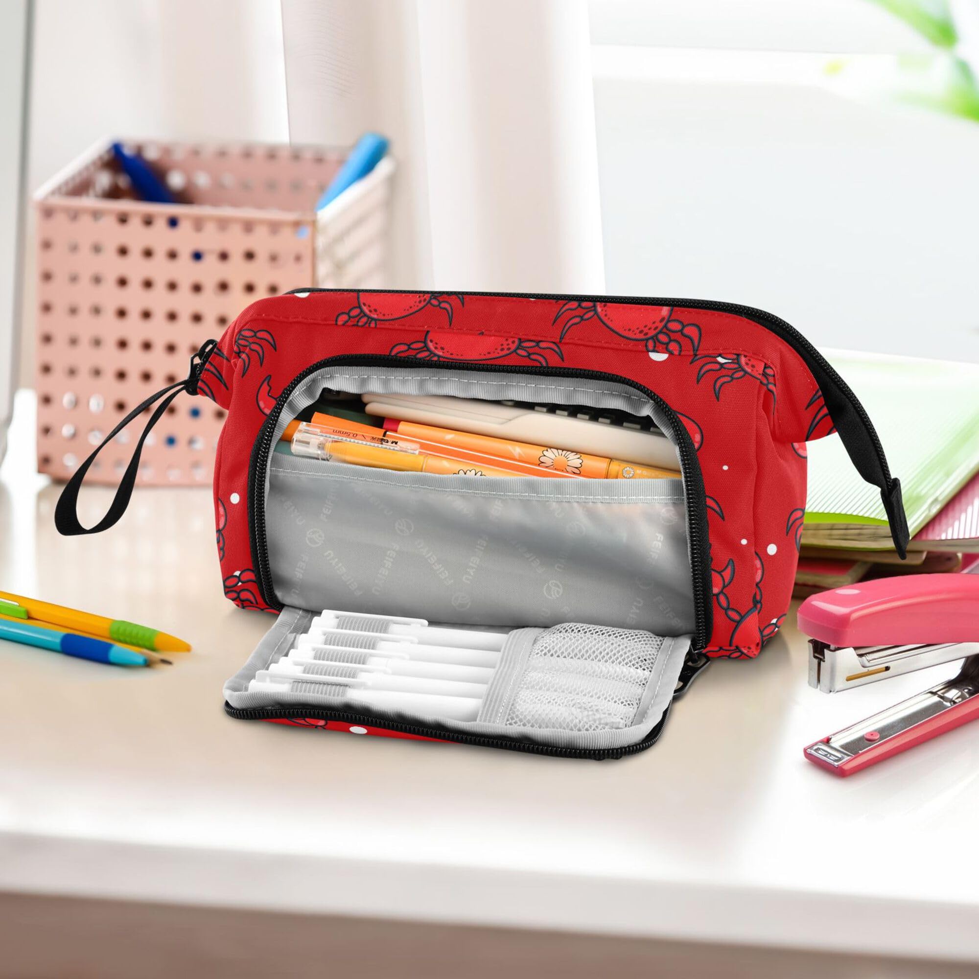 Fisyme Red Crab Pencil Case Large Capacity Pencil Pouch Pen Bag Box Big Makeup Pencil Case Organizer