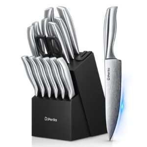 d.perlla kitchen knife set 15 pieces, knife set with block and sharpener, high grade stainless steel kitchen knife set, steak knives, scissors for chopping, slicing, dicing, sharp and no rust