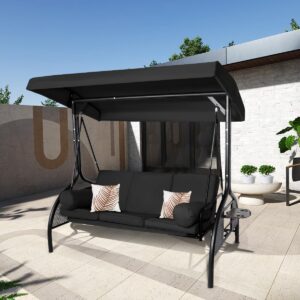 fklug 3-seat outdoor porch swing,2-in-1 convertible patio swing bed,outdoor patio swing chair w/cushions,pillows,side tray and adjustable canopy for outside,porch,backyard,garden(black)