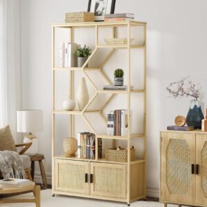 zevemomo 7 tier tall rattan bookshelf - modern open display book shelf & bottom cabinet with door for cds/movies/books, large wood book case storage organizer for bedroom home office living room