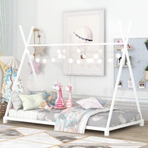 montessori floor bed frame twin size, twin floor bed with slats and triangle structure, kids house floor bed/montessori bed for kids, girls, boys, twin floor bed white