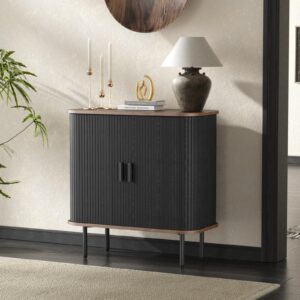 31''w black buffet sideboard cabinet with storage, fluted storage cabinet black with curvy edge; sliding door coffee bar, accent cabinet credenza console table for living, kitchen, hallway