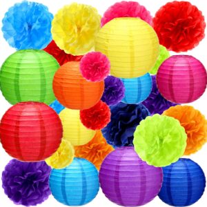 52 pcs rainbow party decorations 24 rainbow tissue paper pom poms 28 hanging paper lanterns flowers lanterns for christmas wedding baby shower rainbow birthday decorations