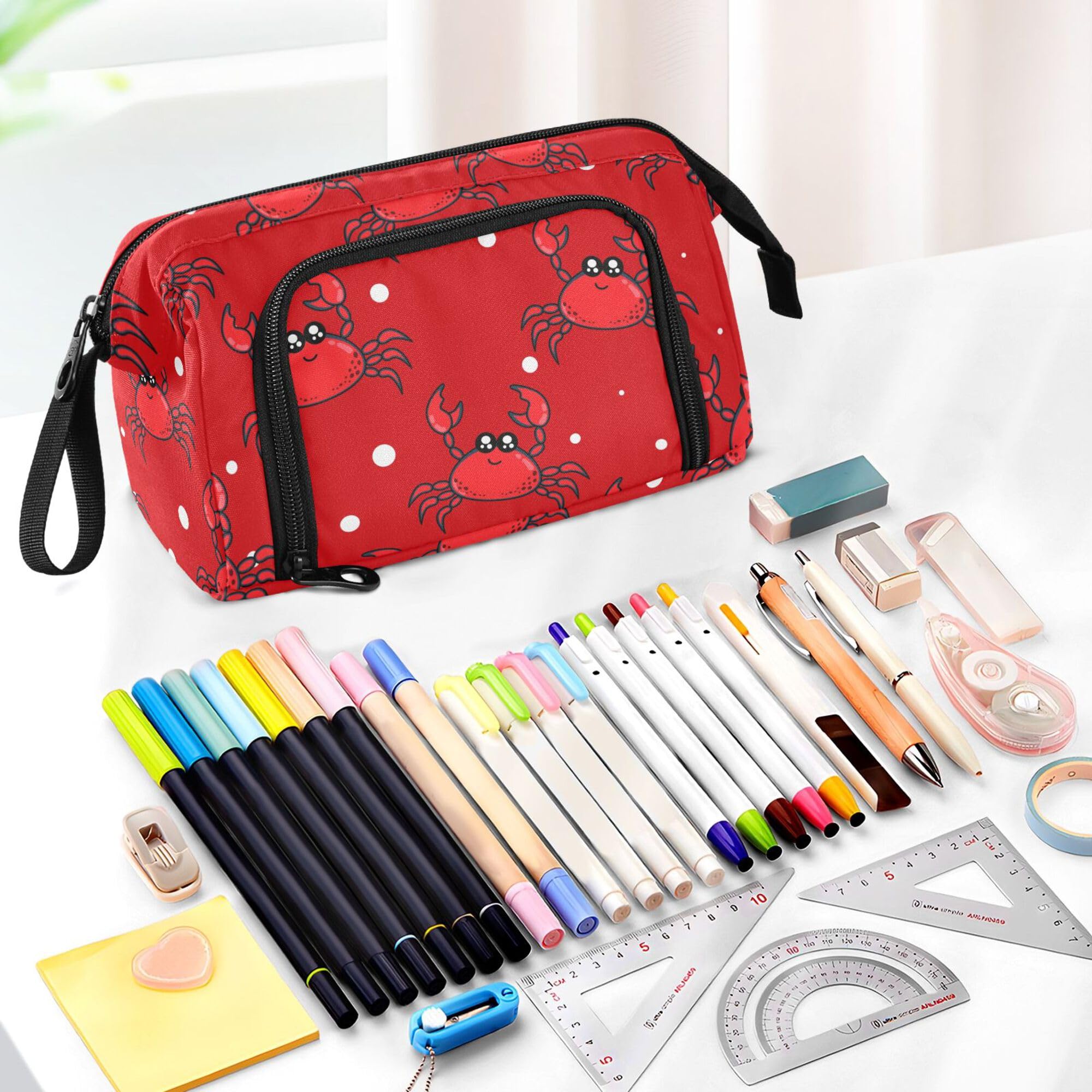 Fisyme Red Crab Pencil Case Large Capacity Pencil Pouch Pen Bag Box Big Makeup Pencil Case Organizer