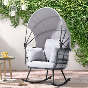 patiorama outdoor indoor rocking egg chair, patio rocker chair with retractable canopy, all-weather outside oversized lounge chair with cushion for garden balcony living room, 350 lbs capacity, grey