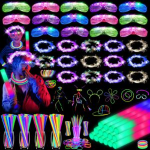 honlyne 142 pcs glow in the dark party supplies, 14pcs foam glow sticks, 14pcs light up headband,14pcs led glasses and 100pcs glow sticks bracelets,for glow party, new year, wedding, concert, birthday