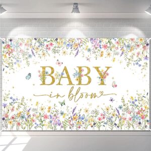 avezano baby in bloom backdrop wildflower baby shower party decorations watercolor floral baby in bloom banner gold glitter butterfly photography background cake table banner 70.8 x 43.3 inch