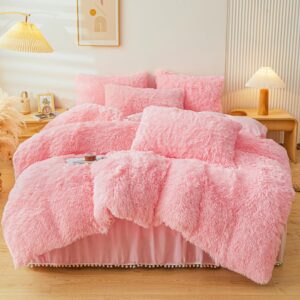 erloxo fluffy pink faux fur comforter cover set，fluffy fuzzy plush pink bedding 3pcs (1 faux fur duvet cover +2 fuzzy pillowcases) pink fluffy bed set (pink, queen)