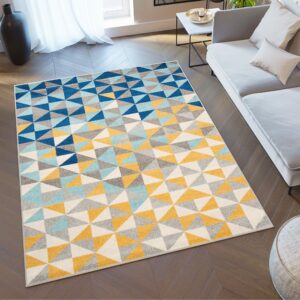 tapiso lazur area rug teenager geometric small triangles grey yellow blue living room bedroom durable resistant carpet size - 6x9 ft (180x270 cm)