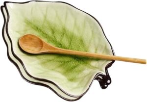 lanxitown 2pcs ceramic spoon rest leaf shaped spoon holder coffee spoon rest kitchen spoon rest for modern farmhouse decor spoon holder for kitchen counter（no spoon) (green leaf, 7.5"x5.1"x1")