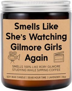 atshop smells like she's watching gilmore-girls again candle - funny watching movies candle - movie lovers gifts idea for christmas- birthday- holiday - gift for fans - lavender scented candle, 8oz