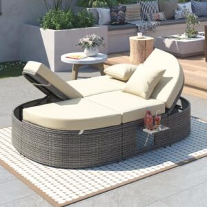 bellemave outdoor sun bed patio 2-person daybed with cushions and pillows, rattan garden reclining chaise lounge with adjustable backrests and foldable cup trays for lawn,poolside（beige）