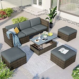 merax 5-piece patio pe rattan wicker sofa with adustable backrest,cushions,ottomans and lift top coffee table,outdoor furniture sets,dark grey