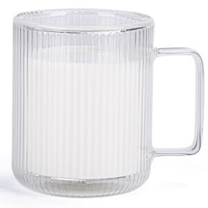 schliersee double walled glass coffee mug, 13.5 oz clear ribbed glassware embossed glass cups with handle for cappuccino, latte, cereal, yogurt, beer, milk, hot or cold beverages cup