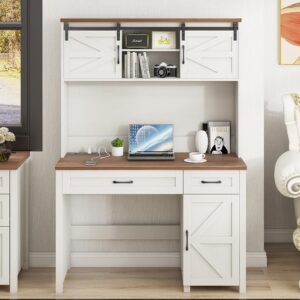 vabches farmhouse 47" desk, executive i-shape with 3 drawers, storage cabinet, hutch, charging hub for home office