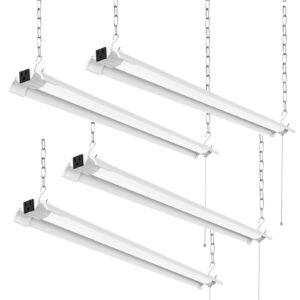 enateclite 4-pack 4ft linkable led shop light, plug in garage lighting with power cord and pull chain, 7000lm garage ceiling lights, workshop led hanging lights for basements, warehouses, etl listed