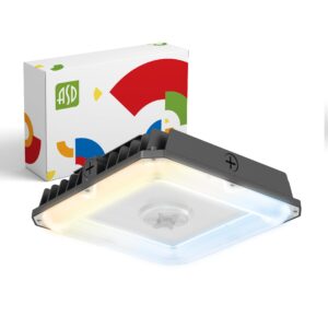 asd led canopy light 100/70/60w with q-base – 3000/4000/5000k 14448lm 10"x10" 120-277v ip65 dimmable 0-10v ul & dlc listed (optional motion sensor-extra purchase)