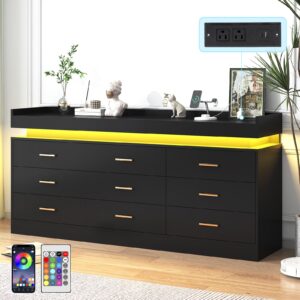 jiteentarou 9 drawer dresser with charging station and led lights, modern chest of drawers with power outlet, organizer cabinet for bedroom, living room, entryway, black