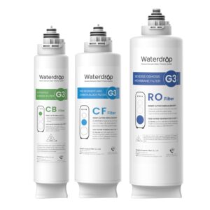 waterdrop g3 replacement filter, replacement for 𝐖𝐃-𝐆𝟑-𝐖 𝟒𝟎𝟎𝐆𝐏𝐃 reverse osmosis system, pack of 1 wd-g3-cf filter, 1 wd-g3-cb filter, and 1 wd-g3-n2ro filter