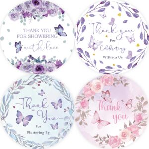 96pcs purple butterfly round stickers, thank you for fluttering by stickers, butterfly birthday stickers, butterfly thank you stickers for floral themed bridal shower party favors