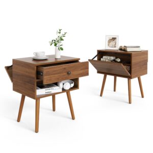 mazefur hidden compartment night stand set 2, mid century modern concealment furniture, end table with storage drawer, bedside table with wood legs for bedroom (2,walnut)