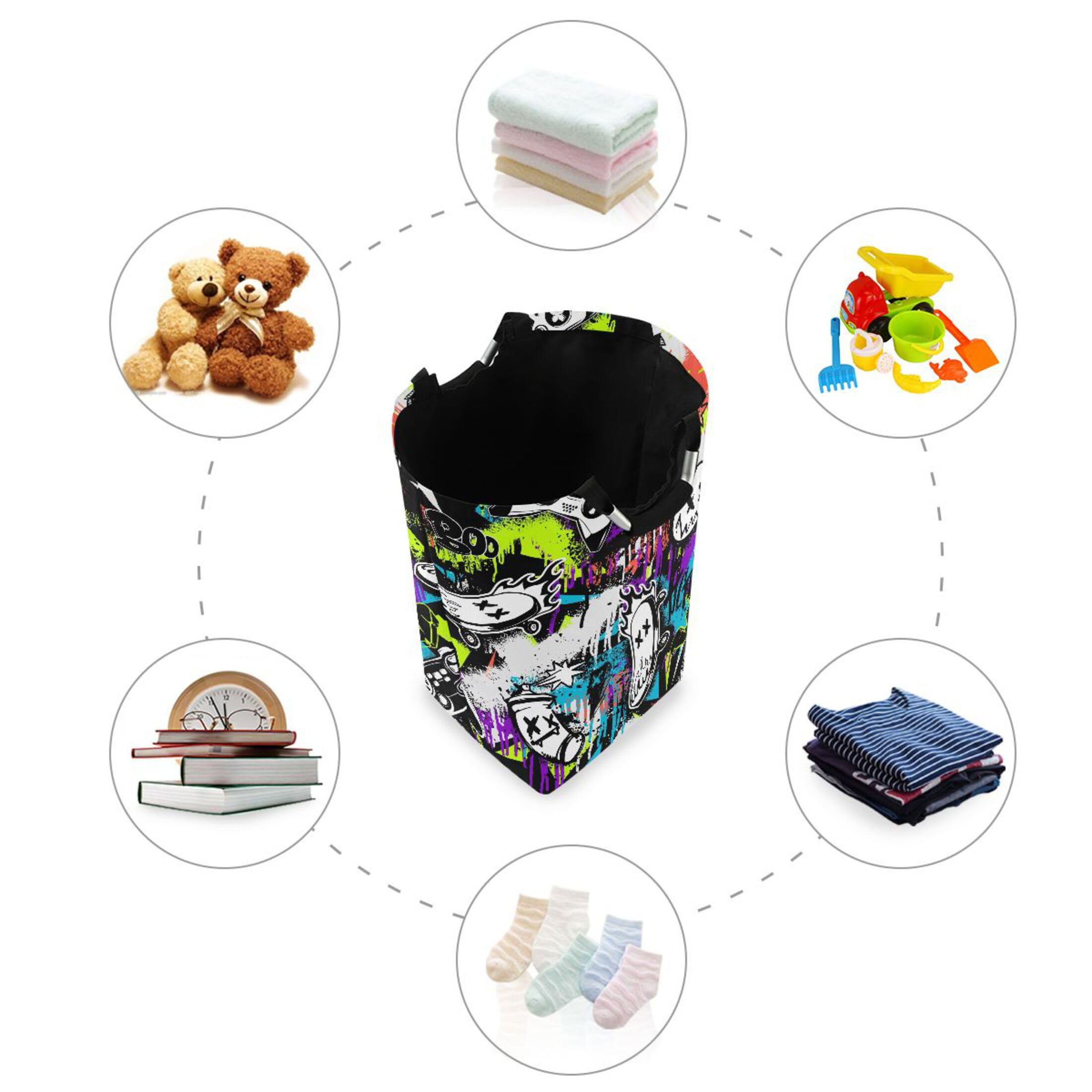 xigua Graffiti Skateboard Cartoon Laundry Hamper with Handle, Freestanding Clothes Hamper Collapsible Laundry Basket Storage Basket for Toys Clothes Organizer