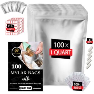 100pcs quart mylar bags with 500cc oxygen absorbers-112 labels & stand-up reusable bags- airtight smell proof bags- resealable bags with 5 clips -10 mil food storage bags- large mylar bags